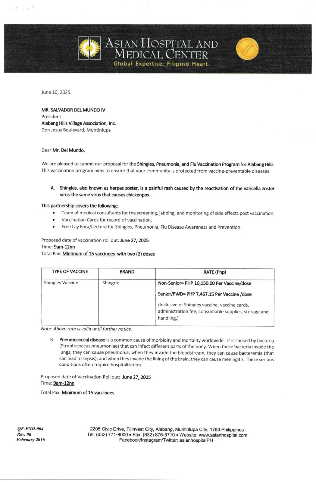 ASIAN HOSPITAL VACCINATION PROGRAM